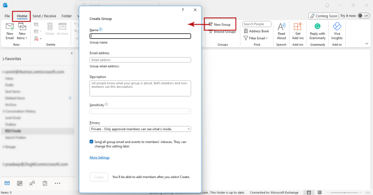 How to Open or Create Office 365 Group in Outlook 2019?